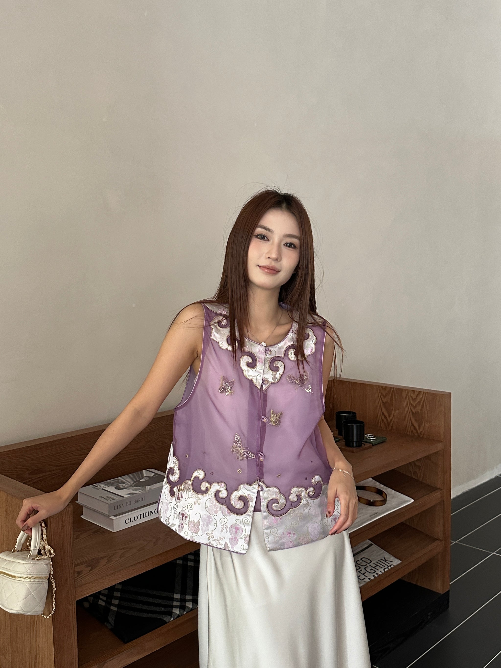 Purple Organza Sleeveless Qipao Cheongsam Vest Top